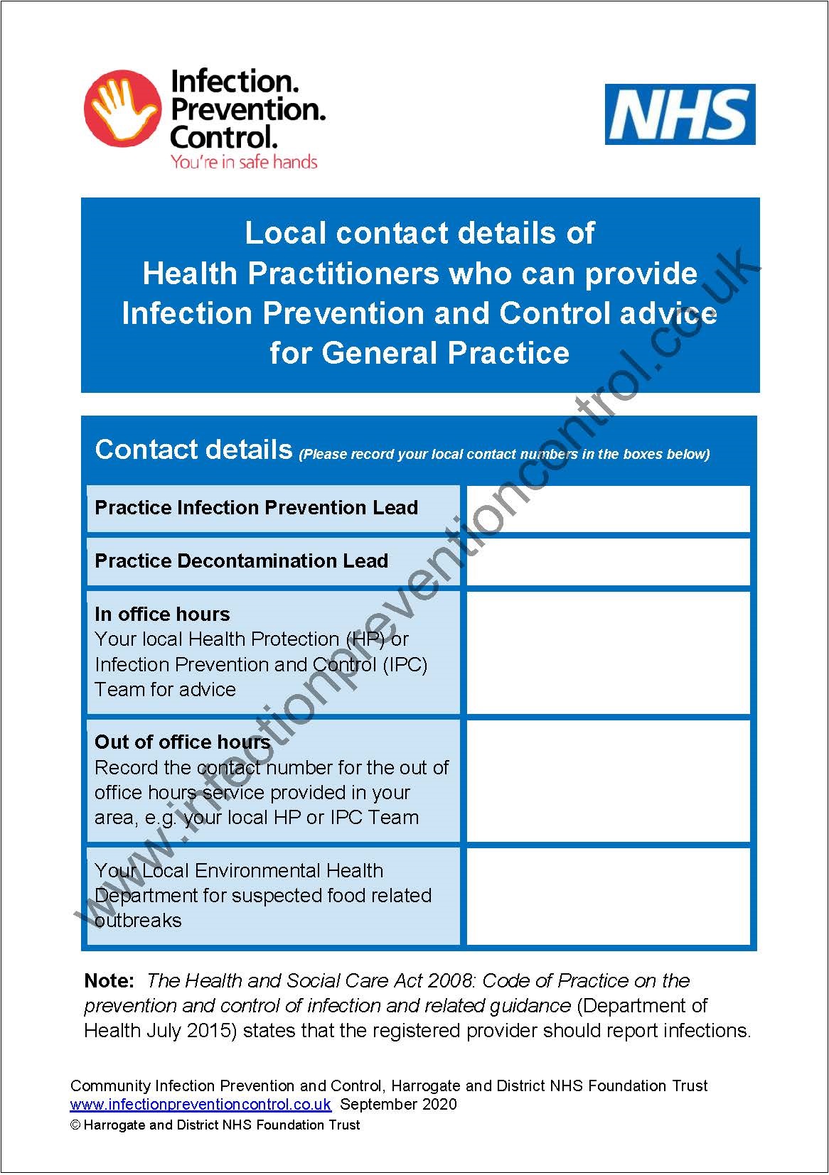 Local contact numbers for Infection Prevention and Control Advice for ...