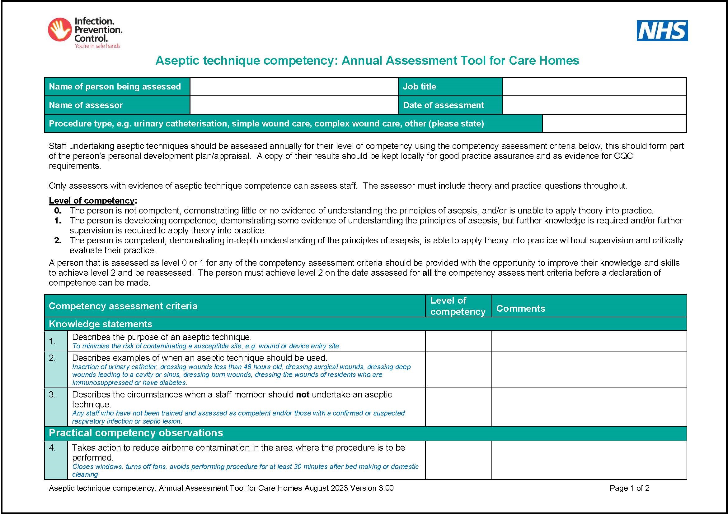 Aseptic technique competency: Annual Assessment Tool for Care Homes ...