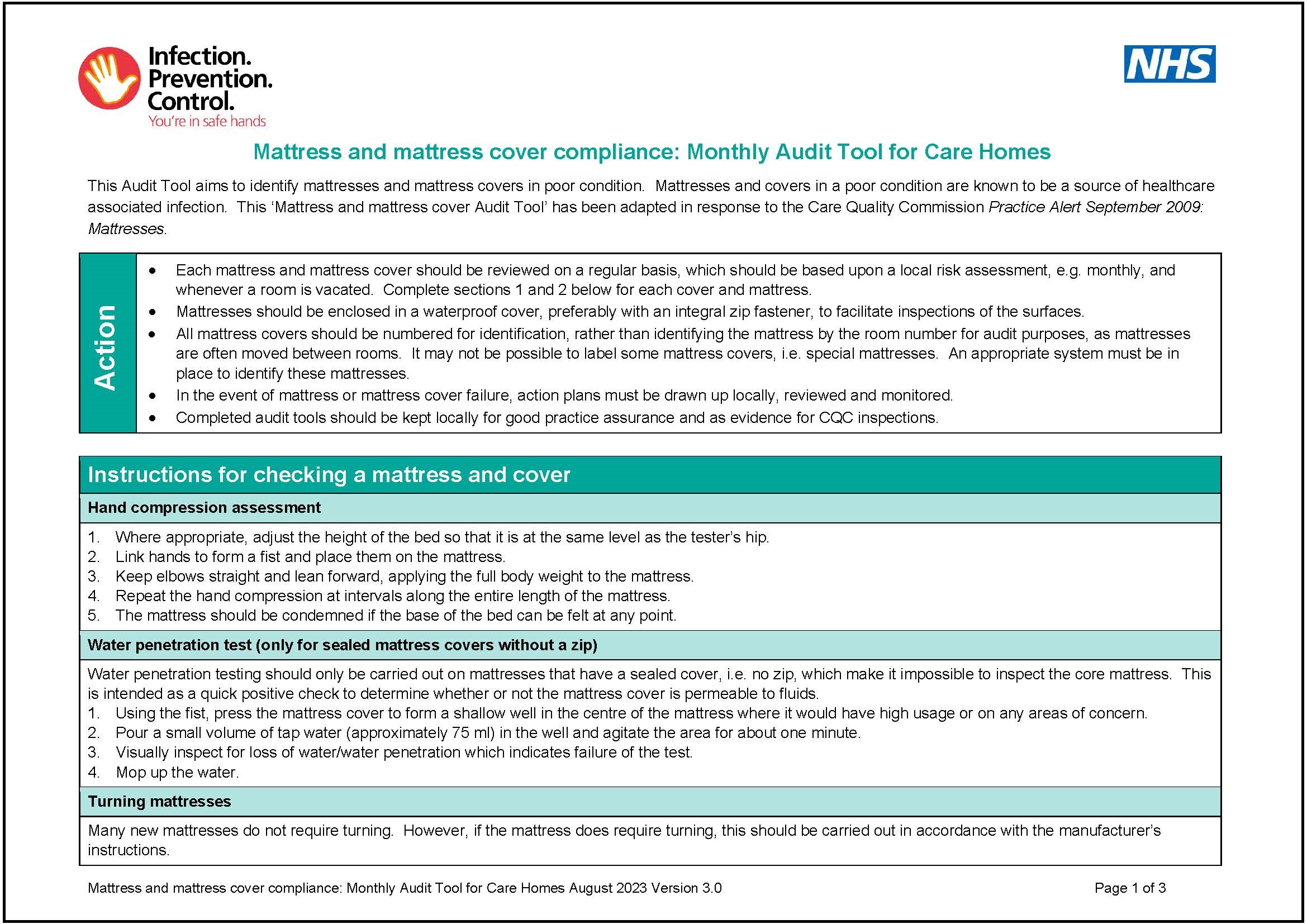 Mattress and mattress cover compliance: Monthly Audit Tool for Care ...