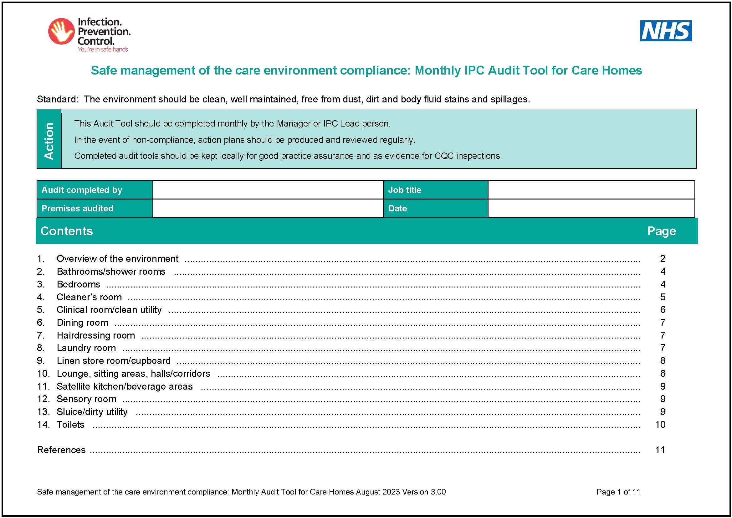 Safe management of the care environment compliance: Monthly Audit Tool ...