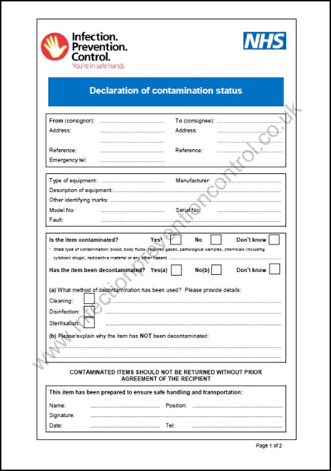 Declaration of contamination status form - Infection Prevention Control