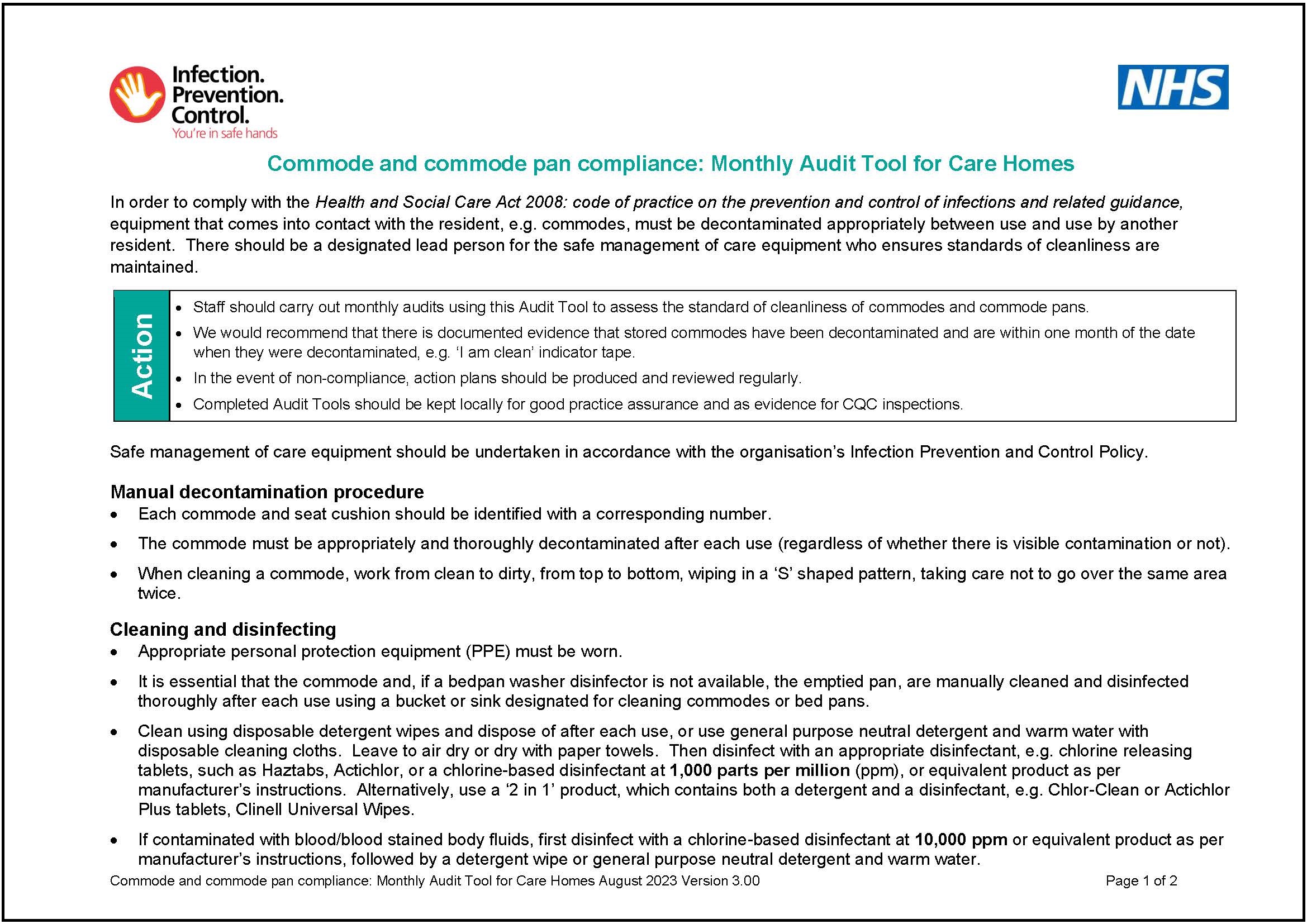 Commode and commode pan compliance: Monthly Audit Tool for Care Homes ...