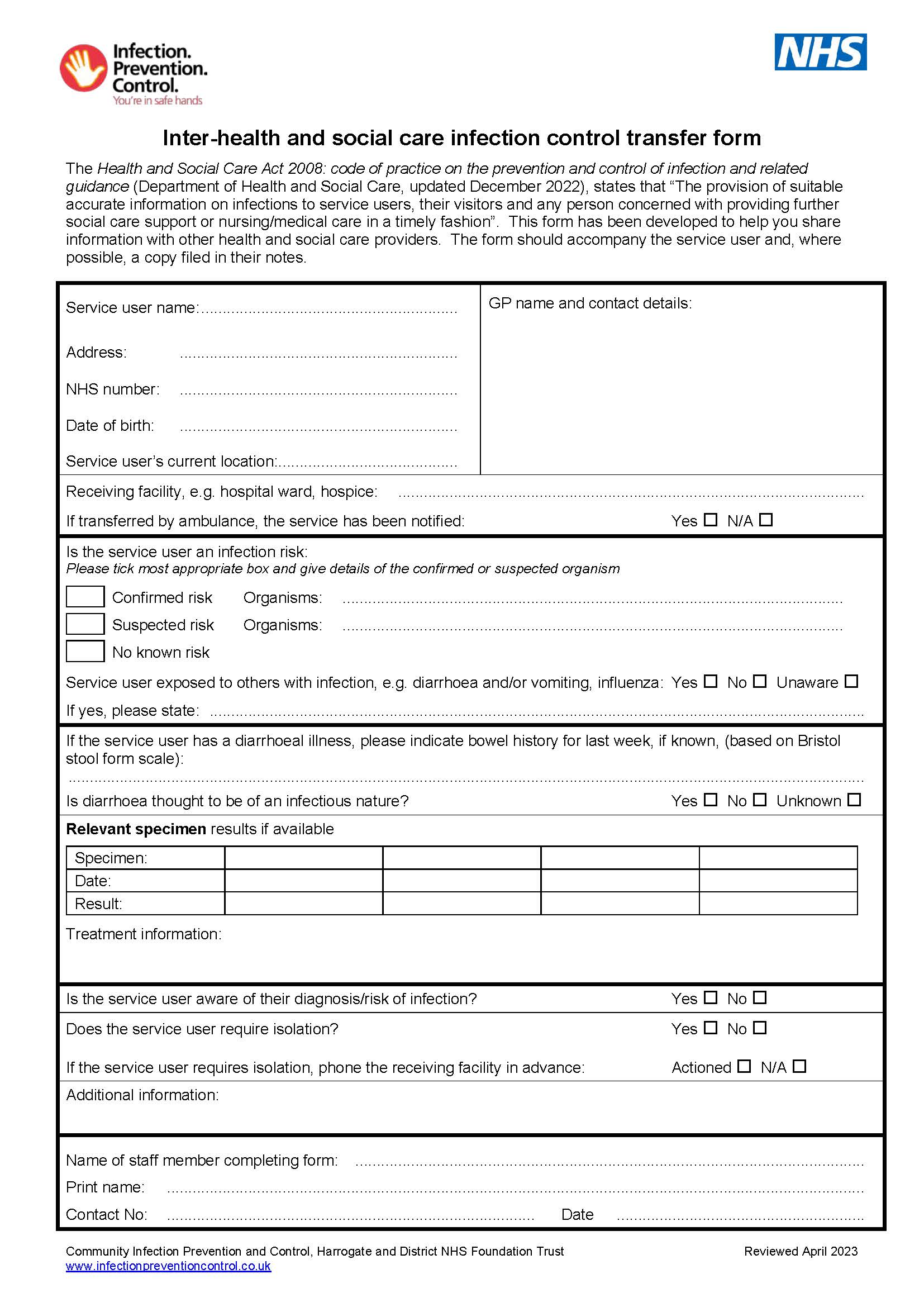 Inter-health and social care infection control transfer form ...